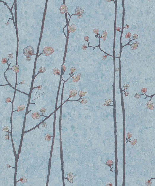 Flowering Plum Tree - Blue Wallcovering | Astek