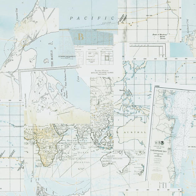 Collaged Maps Wallcovering - Blue Wallcovering | Astek