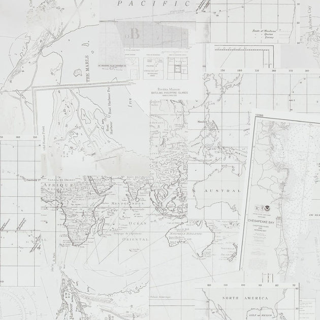 Collaged Maps Wallcovering - Grey | Astek