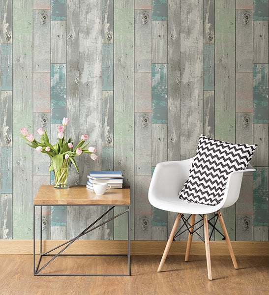 Deena Turquoise Distressed Wood Wallpaper | Astek